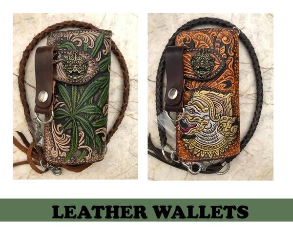 Leather Tooled Wallet with Strap, Long Bifold Wallet for Men Women ...