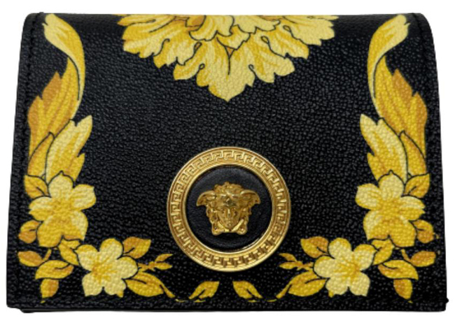 Leather Folding Wallet Barocco Black in Leather with Gold-tone